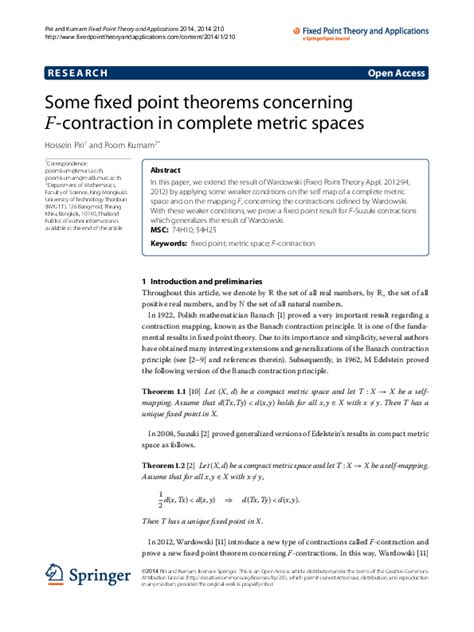Pdf Some Fixed Point Theorems Concerning F Contraction In Complete Metric Spaces