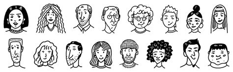 사람들의 다양한 얼굴을 설정합니다 인간 아바타 컬렉션입니다 노인과 젊은 나이 행복한 감정 긍정적 인 표정으로 초상화 남자와 여자 조부모와 소녀 손으로 그린 낙서 스케치 개체