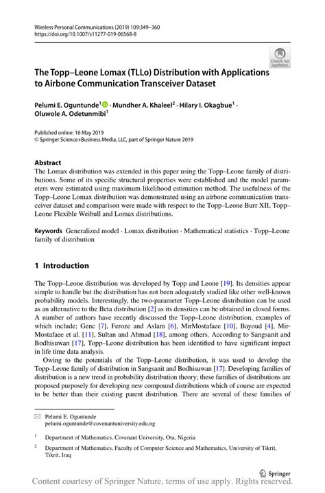 The Topp Leone Lomax Tllo Distribution With Applications To Airbone Communication Transceiver