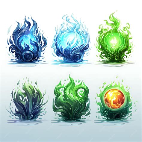 Premium Ai Image Grass Fire Water Type Emblems 2d Vector 35 Abstract