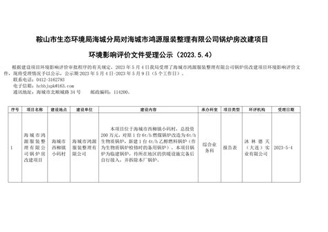 鞍山市生态环境局海城分局对海城市鸿源服装整理有限公司锅炉房改建项目环境影响评价文件受理公示 环评公示 海城市