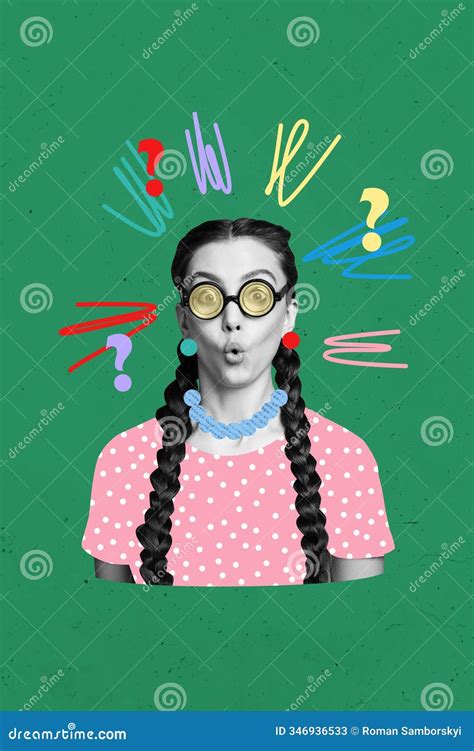 Vertical Photo Collage Of Astonished Nerd Girl Open Mouth Brunette Hairdo Braids Question Mark