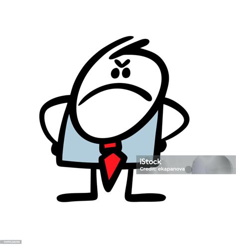 비즈니스 정장을 입은 매우 화난 스틱맨 사업가는 눈살을 찌푸리고 엄하게 보았다 직장에서 부하 직원에게 불만을 품은 상사의 벡터 그림 감독에 대한 스톡 벡터 아트 및 기타