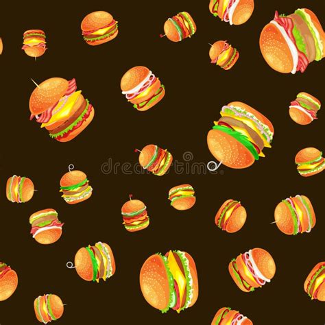 Seamless Pattern Tasty Burger Grilled Beef And Fresh Vegetables Dressed With Sauce Bun For Snack