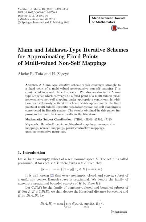 Pdf Mann Iterative Schemes For Approximating Fixed Points Of Multi Valued Non Self Mappings