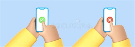 3d Cartoon Hands Use Smartphone With Checkmarks Approve And Reject On Smartphone Tick And