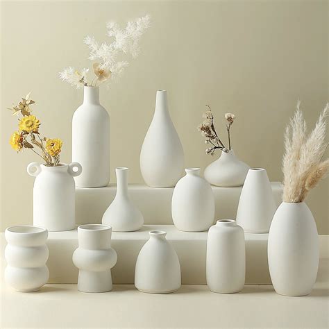 Parlamain Set Of 12 White Ceramic Bud Vases For Pampas Grass Flowers