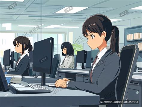 Ai创作图职场 女性 办公 职员 电脑 工位 制服 工作 办公室 上班 职业装 同事 办公场景 上班族 办公设备 昵图网