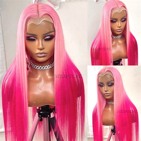Wkipycpk Pink Lace Front Wig Synthetic Long Straight Hair