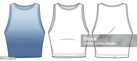 크롭 탑 기술 패션 일러스트 블루 디자인 탱크 탑 패션 기술 도면 템플릿 라운드 넥 슬림 핏 전면 및 후면보기 화이트 색상 여성 남성 남녀 공용 Cad 모형 세트 0명에