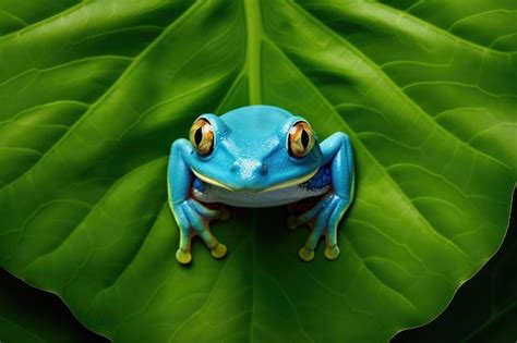 Premium Photo Top View Of Green Tree Frog On Leaf Ai Generated