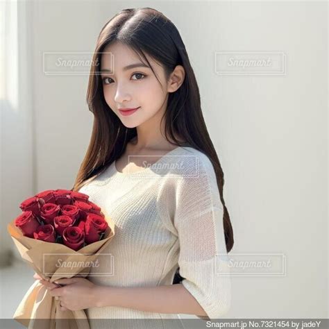 薔薇の花束を持った女性の写真・画像素材[7321454] Snapmart（スナップマート）