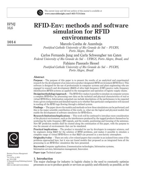 Rfid Env Methods And Software Simulation For Rfid Environments Pdf