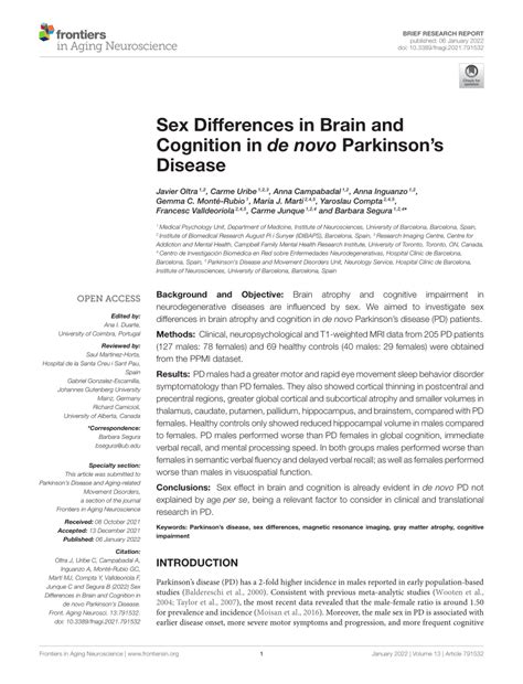 Pdf Sex Differences In Brain And Cognition In De Novo Parkinsons Disease