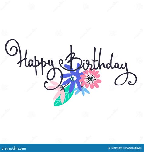 Happy Birthday Greeting Card Design With Minimalistic Floral Decoration And Hand Lettering Stock