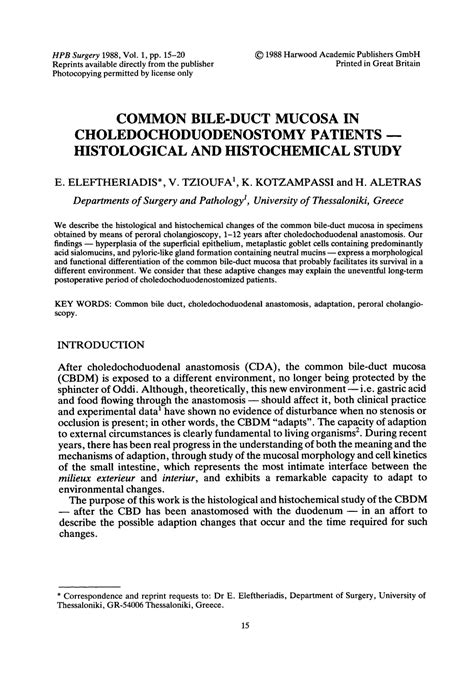 Common Bile Duct Mucosa In Choledochoduodenostomy Patients Histological And Histochemical