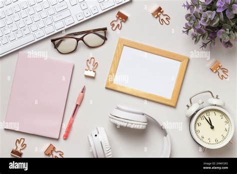 Desktop Frame Notepad Keyboard Alarm Clock Glasses Headphones On The