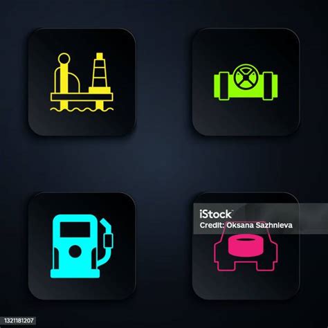 자동차 오일 플랫폼 바다 주유소 및 금속 파이프 및 밸브에 여분의 바퀴를 설정합니다 검은 색 사각형 버튼 벡터 가솔린에 대한 스톡 벡터 아트 및 기타 이미지 Istock