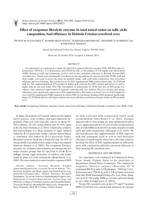 Pdf Effect Of Exogenous Fibrolytic Enzymes In Total Mixed Ration On Milk Yield Composition