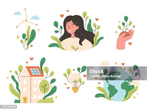 생태 세트 녹색 에너지 지구 저장 대체 에너지 태양 전지 풍차 자연과 환경을 돌봅니다 평면 스타일의 벡터 일러스트 레이 션 건강한 생활방식에 대한 스톡 벡터 아트 및 기타