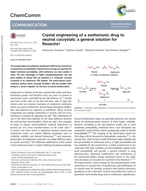 Pdf Crystal Engineering Of Zwitterionic Drug To Neutral Co Crystals