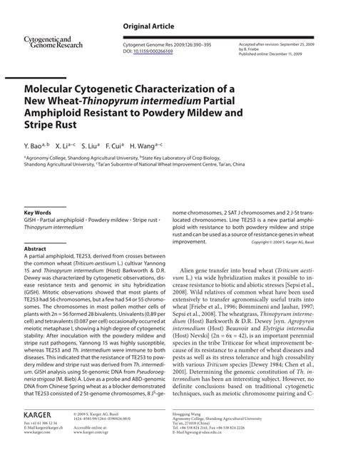 Pdf Molecular Cytogenetic Characterization Of A New Wheat Thinopyrum Intermedium Partial
