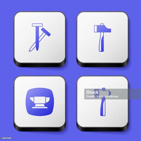 금속 못 망치 대장장이 모루 도구 및 아이콘을 설정합니다 흰색 사각형 버튼입니다 벡터 강철에 대한 스톡 벡터 아트 및 기타 이미지 Istock