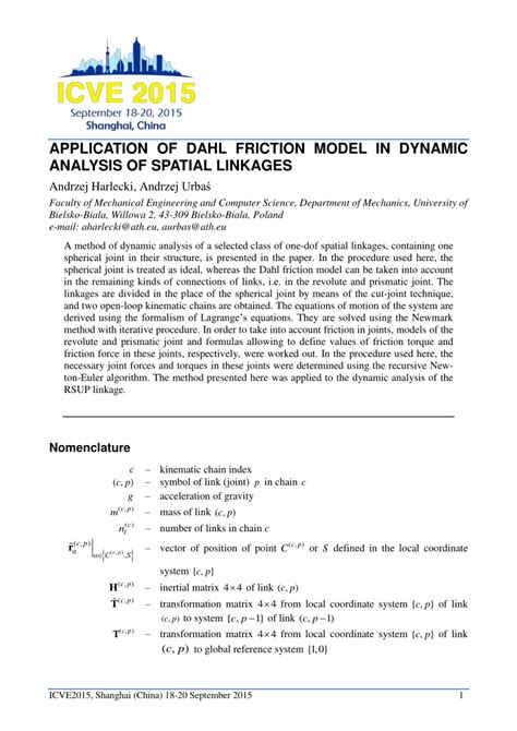 Pdf Application Of Dahl Friction Model In Dynamic Analysis Of Spatial Linkages