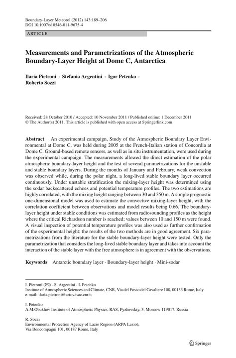 Pdf Measurements And Parametrizations Of The Atmospheric Boundary Layer Height At Dome C