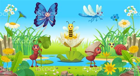 섬 잔디 꽃 곤충이 있는 호수 또는 강 이야기의 장면 환상의 섬 아이들을위한 만화 스타일 벡터 만화에 대한 스톡 벡터 아트 및