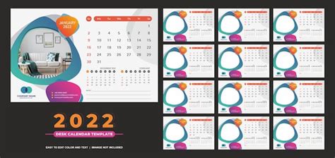 Настольный календарь 2022 шаблон весело и цветной полный дизайн Премиум векторы