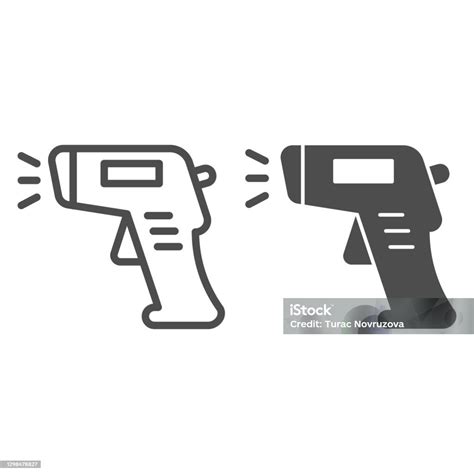 비접촉식 적외선 온도계 라인과 단단한 아이콘 코로나 침체 개념 흰색 배경에 전자 온도계 기호 모바일 및 웹개요 스타일의 피로메테르 아이콘 벡터 그래픽 0명에 대한 스톡 벡터