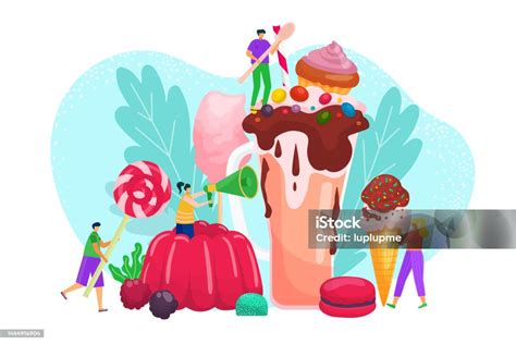 사람들 캐릭터 요리 만화 디저트 벡터 일러스트 거대한 달콤한 음식 개념 근처 플랫 소녀 소년 행복한 작은 사람은 함께 재미를