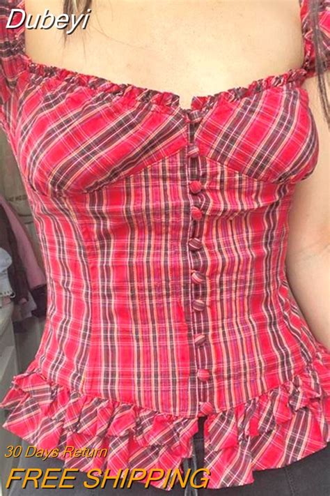 Dubeyi Cottage Vintage Plaid Milkmaid Crop Tops Square Collar Lace Trim