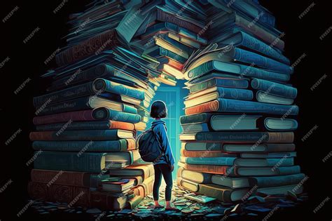 Premium Ai Image A Girl And Many Books Symbol Of Knowledge Ai Generated