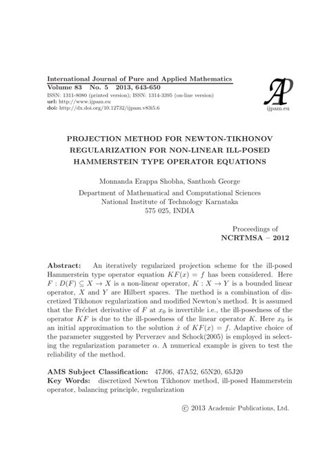 Pdf Projection Method For Newton Tikhonov Regularization For Non Linear Ill Posed Hammerstein