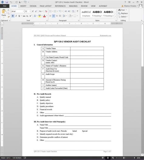 Editable Vendor Audit Checklist Iso Template New Vendor Checklist