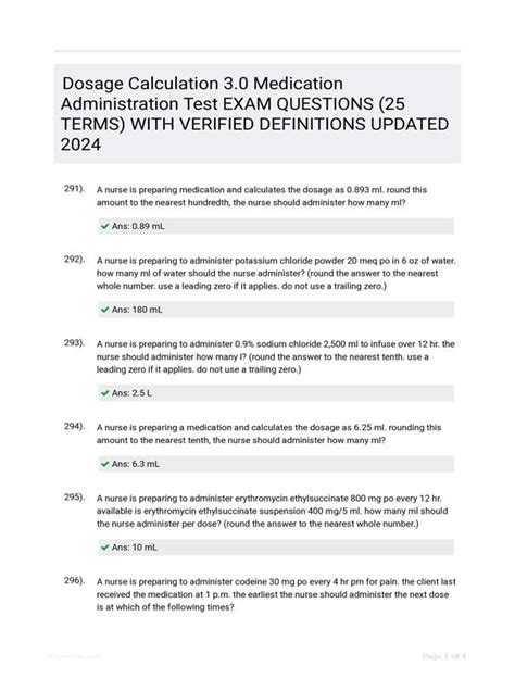 Dosage Calculation 3 0 Medication Administration Test Exam Questions 25 Terms With Verified
