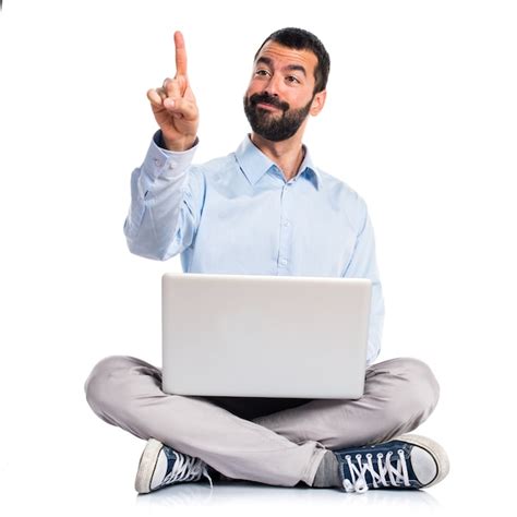 Free Photo Man With Laptop Touching On Transparent Screen