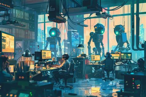 In A Bustling Urban Office Ai Assistants Seamlessly Aid Workers In