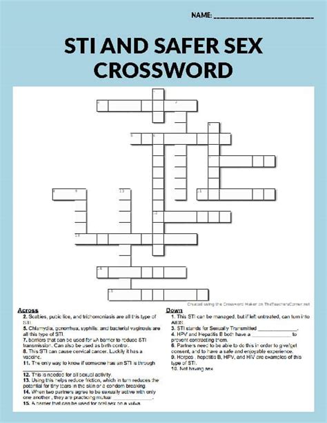 Sexually Transmitted Infection Sti And Safer Sex Crossword Puzzle Gr