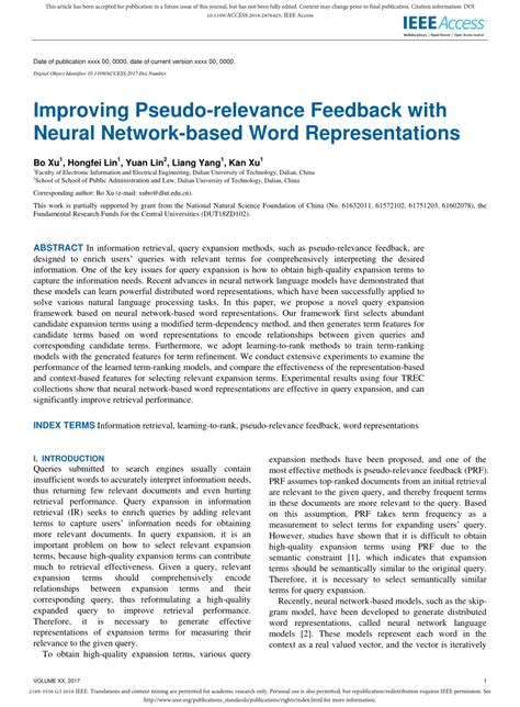 PDF Improving Pseudo Relevance Feedback With Neural Network Based Word Representations