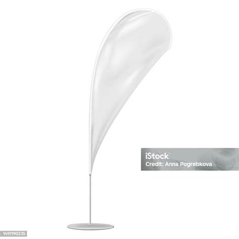 흰색 빈 활 눈물 방울 플래그 현실적인 벡터 모형입니다 둥근 금속 베이스 모형이 있는 눈물 방울 배너 디자인을 위한 수직 이벤트 Windflag 템플릿 모형에 대한 스톡