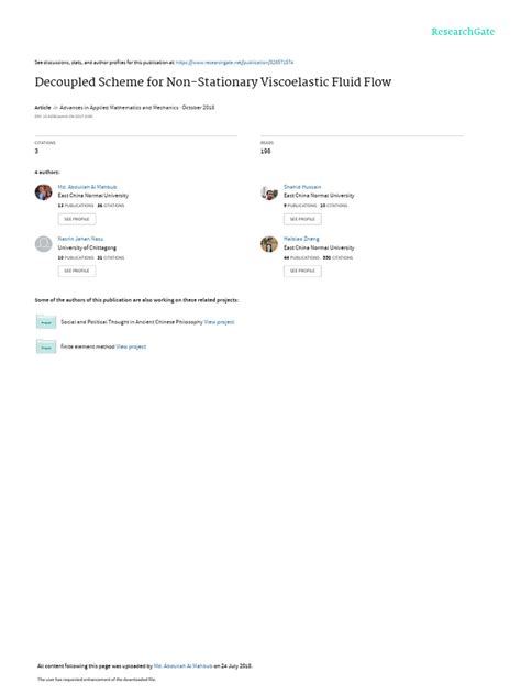Decoupled Scheme For Non Stationary Viscoelastic Fluid Flow Advances In Applied Mathematics And