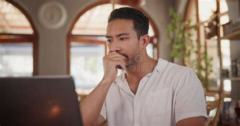 Stress Laptop And Business Man In Coffee Shop For Remote Work