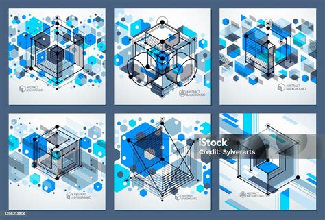 기계식 구성표 3d 큐브 및 기하학적 요소로 설정된 파란색 벡터 엔지니어링 도면 벌집으로 만든 엔지니어링 기술 벽지 패턴에 대한 스톡 벡터 아트 및 기타 이미지 Istock