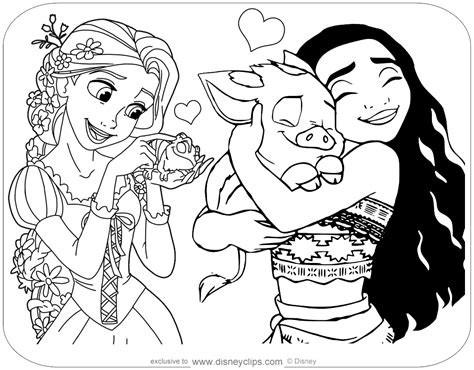 Rapunzel And Moana With Pascal And Pua Disney Princess Coloring Pages Moana Coloring Pages