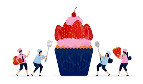 페이스트리 셰프는 딸기 아이싱 토핑과 큰 빨간 딸기 조각으로 컵 케이크를 만듭니다 인쇄 신문 표지 잡지 전단지 브로셔에 적합한 일러스트레이션 건강한 생활방식에 대한 스톡