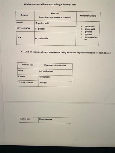 Solved 1 Match Monomer With Corresponding Polymer 3 Pts