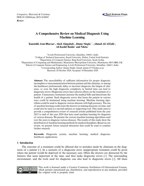 Pdf A Comprehensive Review On Medical Diagnosis Using Machine Learning
